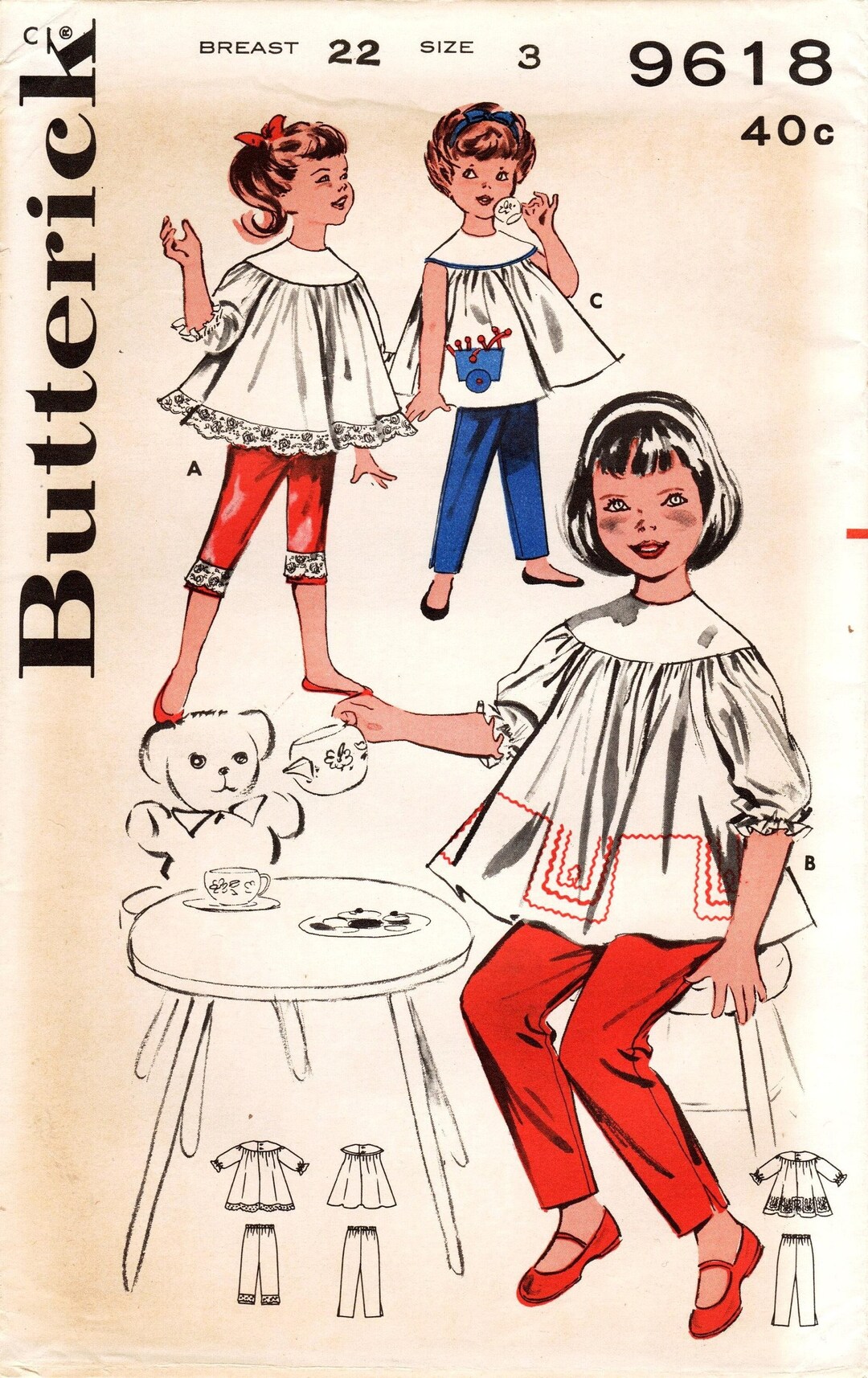 1960s Butterick 9618 Girls' Smock Top and Pants Sewing Pattern - Etsy