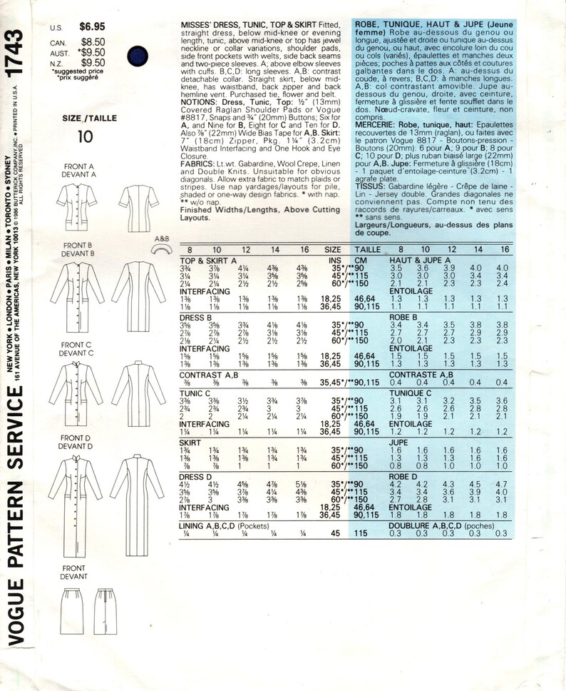 Vintage Vogue 1743 Sewing Pattern: Fitted Dress, Tunic, Top, Skirt ...