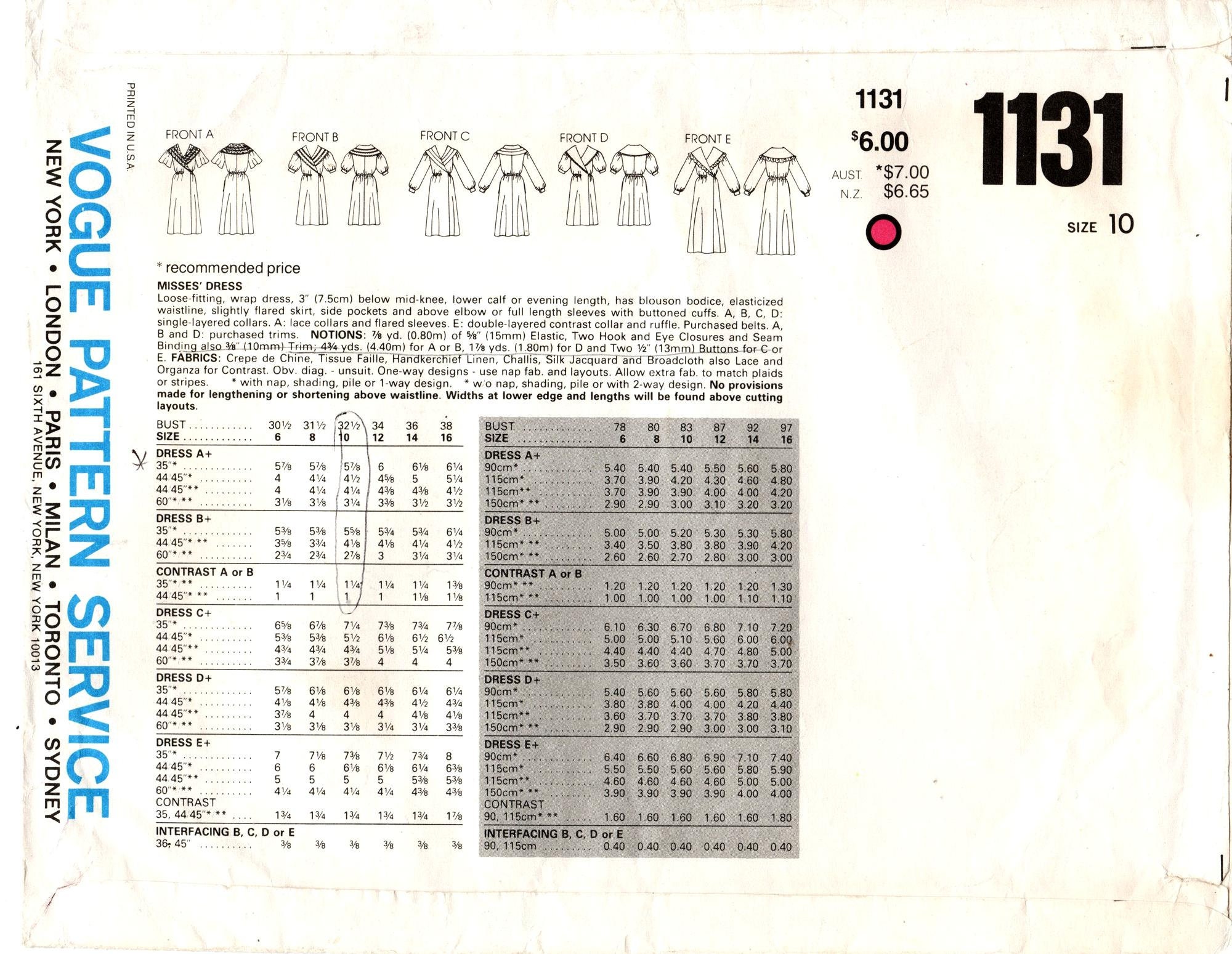 Vintage Vogue 1131 Sewing Pattern: Misses' Wrap Dress, Size 10 - Etsy