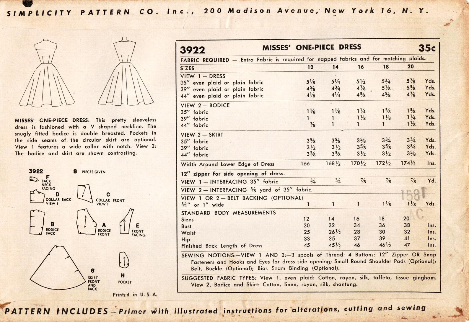 SZ 12/bust 30 Vtg 50s Dress Pattern Simplicity 3922 Misses' Double ...