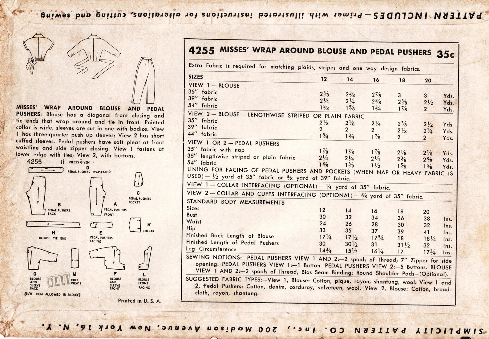 SZ 12/bust 30 Vintage 50s Simplicity 4255 Misses' Wrap Around Blouse ...