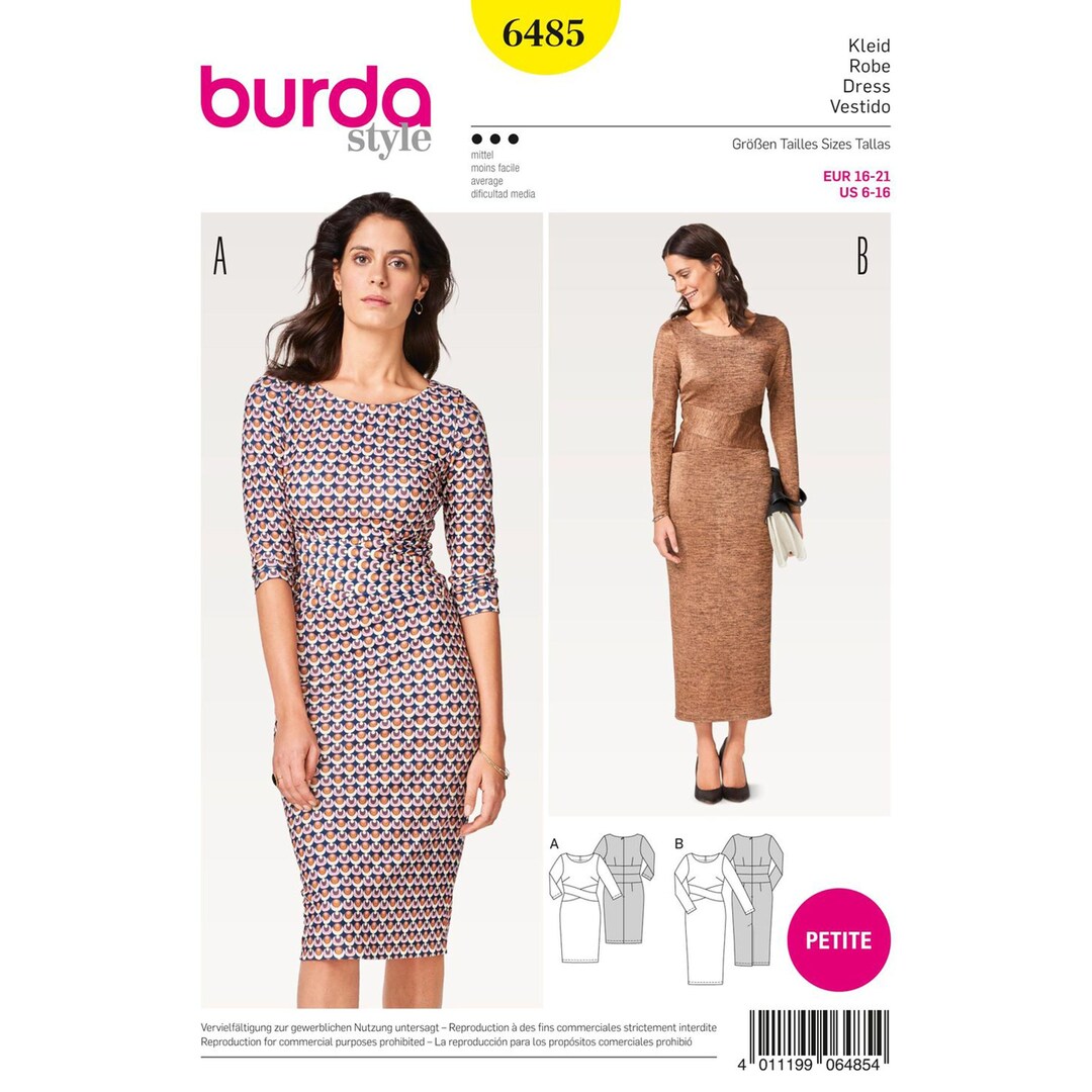 Burda Sewing Pattern 6485 - Misses' Close-fitting, Knit Dress With ...