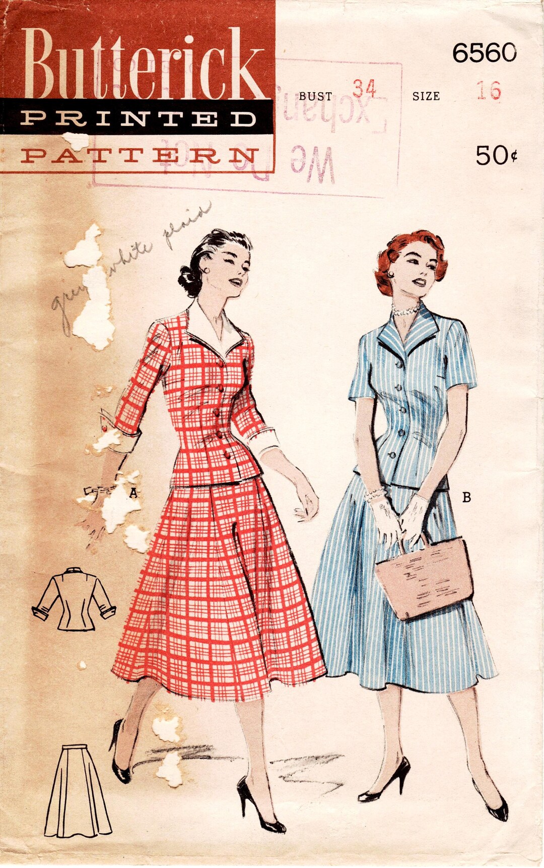 SZ 16/bust 34" - Vintage 50s Dress Pattern - Butterick 6560 - Misses ...
