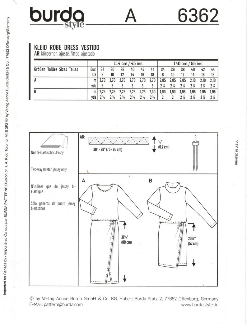 Burda 6362 Jersey Dress Sewing Pattern: Jewel Neck, Long Sleeve - Size ...