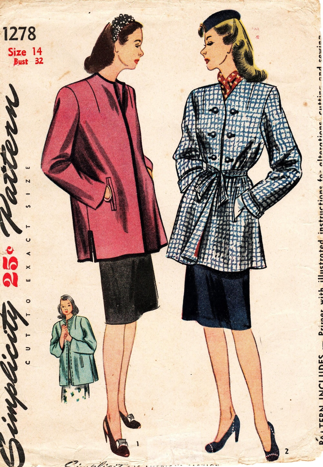 1940s Topper Jacket Sewing Pattern - Simplicity 1278 Size 14 (unprinted ...