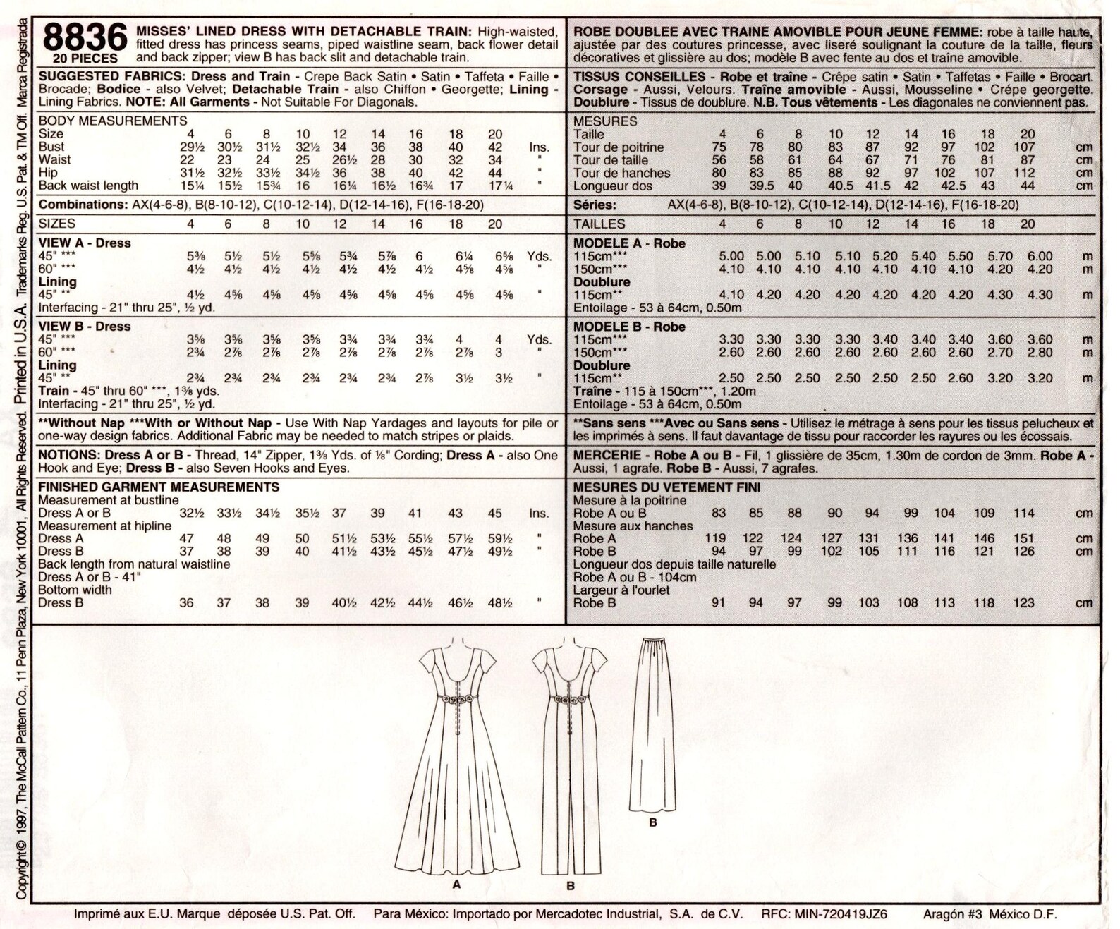 Mccall's Evening Dress Pattern 8836: Misses' Lined Gown With Train - Etsy