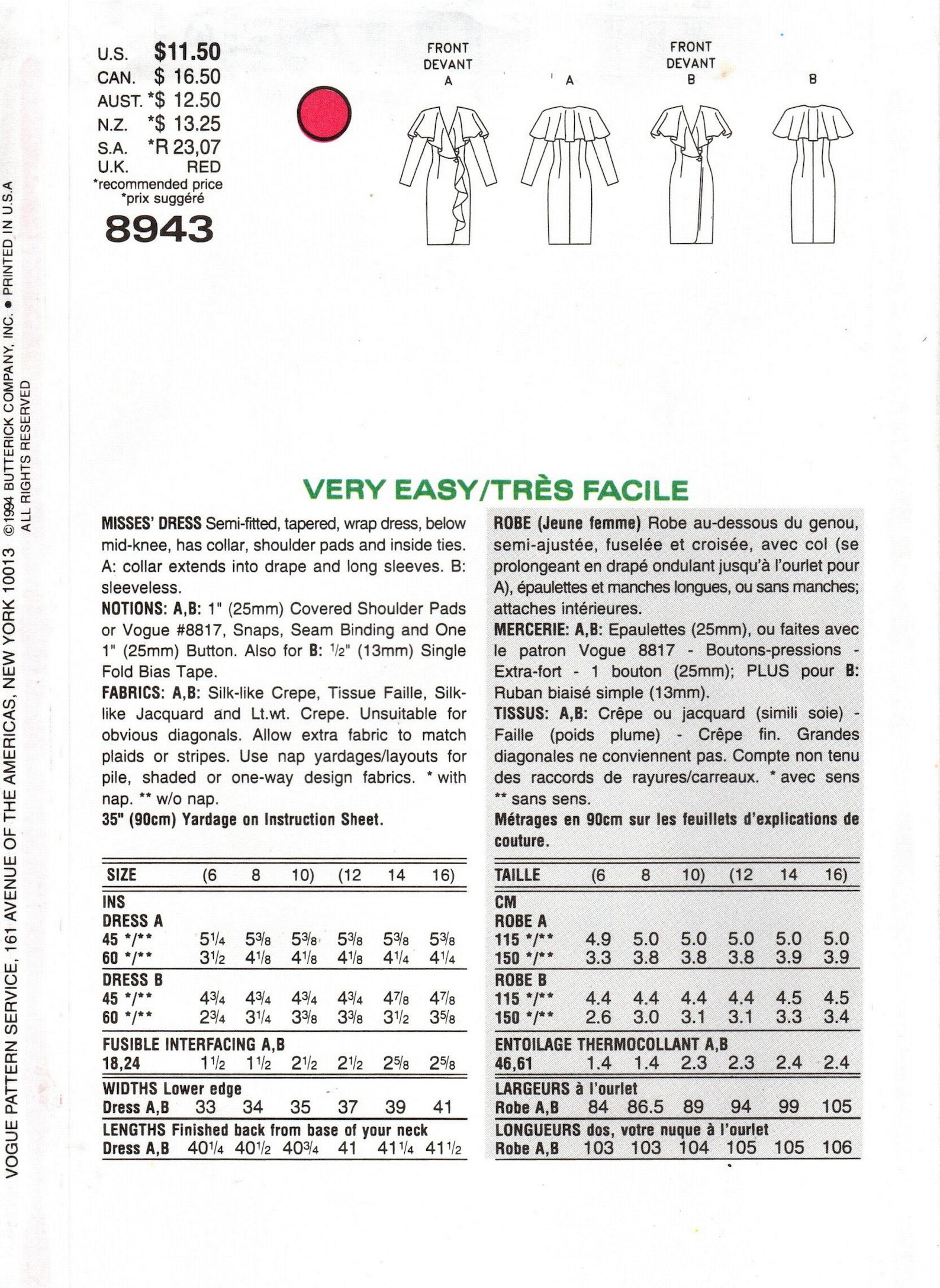 Sz 6/8/10 Vogue Pattern 8943 Misses' Semi-fitted V | Etsy