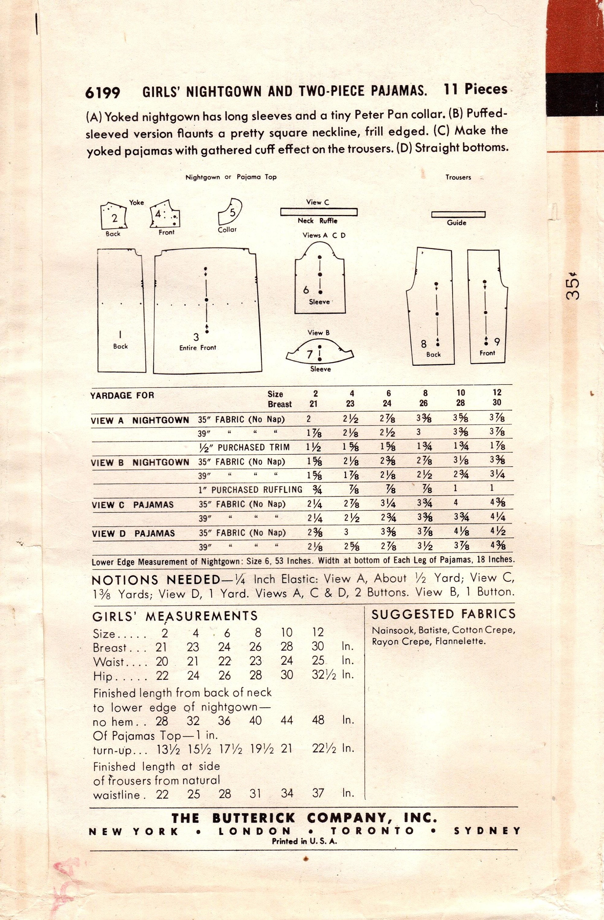 Sz 10/breast 28 Butterick Girls' Pattern 6199 Girls' Nightgown and Two ...