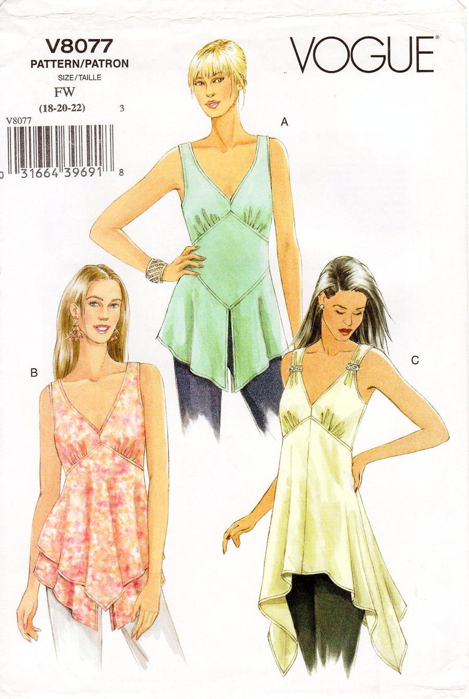 Pick Your Size Vogue Top Pattern V8077 Misses' Sleeveless, Fit and ...