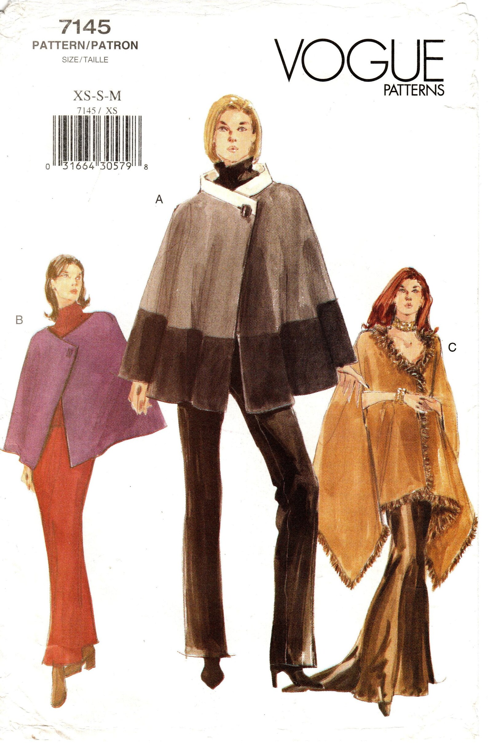 Sz Xsm/sml/med Vogue Cape Pattern V7145 Misses' Asymmetrical Closure Cape in Three Variations ...