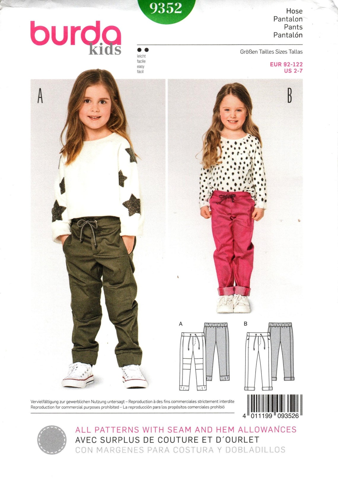 Burda 9352 Girls' Pants Sewing Pattern: Sz 2-7 - Etsy