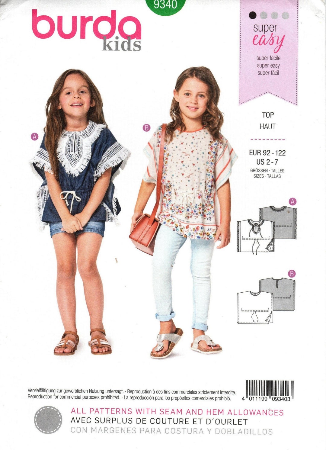 Burda Sewing Pattern 9340 - Child/girls' Pullover Poncho/top With Scoop ...