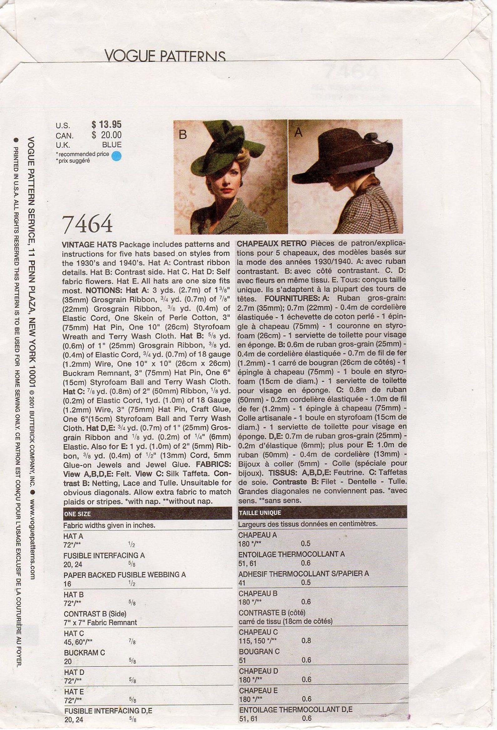 Vogue Hat Pattern 7464: Misses' Vintage Style Hats - Five Variations - Etsy