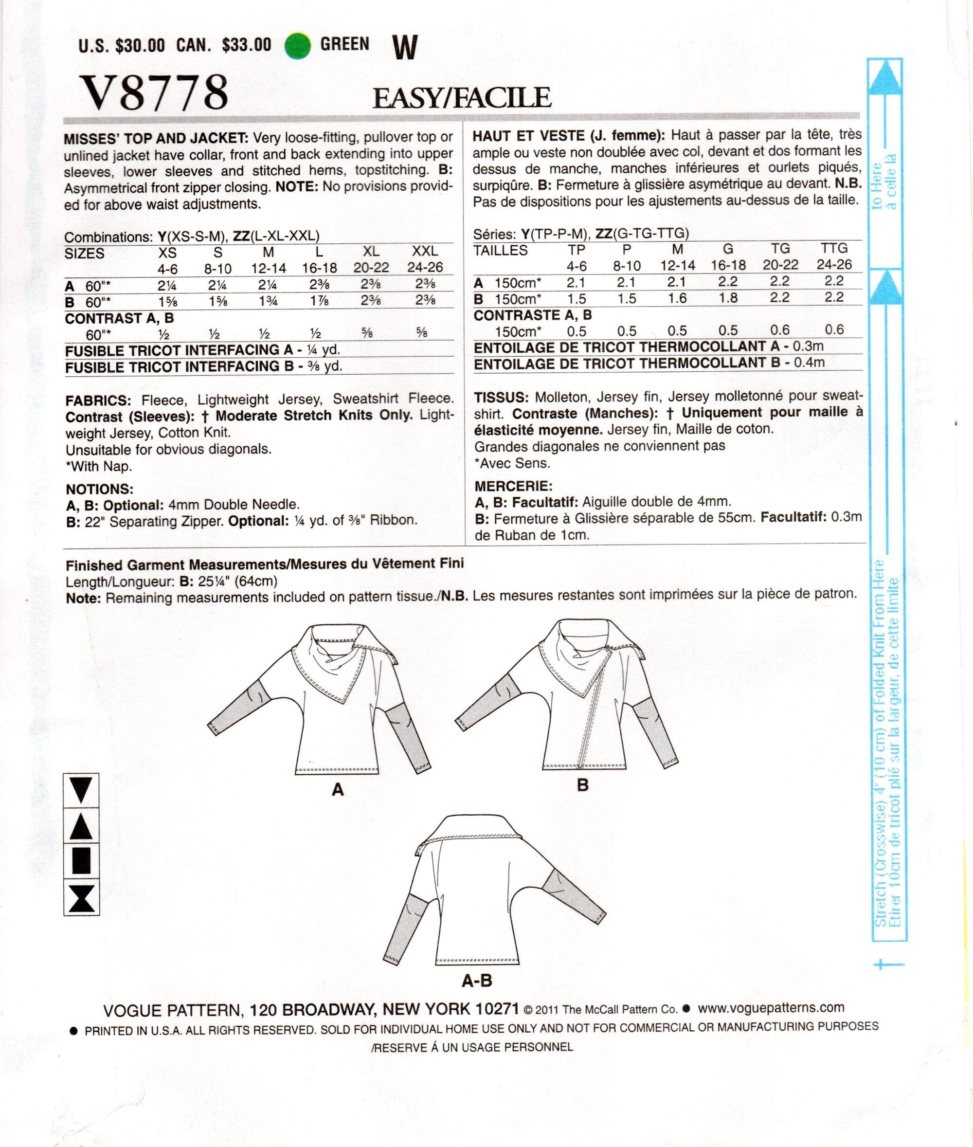 Sz Lg/XLg/XXLg Vogue Jacket Pattern v8778 by KATHERINE | Etsy