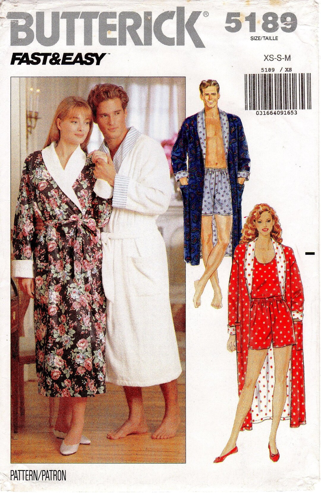 Butterick 5189 Sleepwear Pattern: Unisex Robe, Boxer Shorts, Tank Top ...