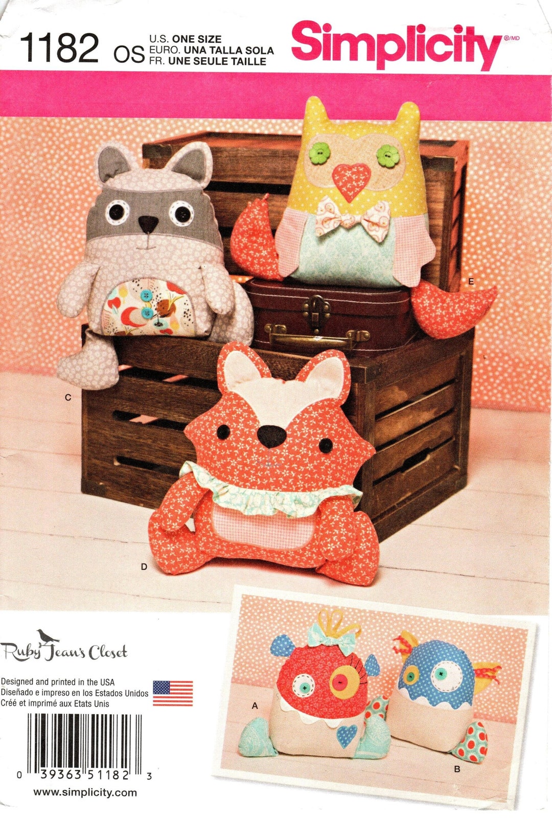 Simplicity Craft Pattern 1182 - Stuffed Animals & Monsters - Girl and Boy Monster/raccoon/fox ...