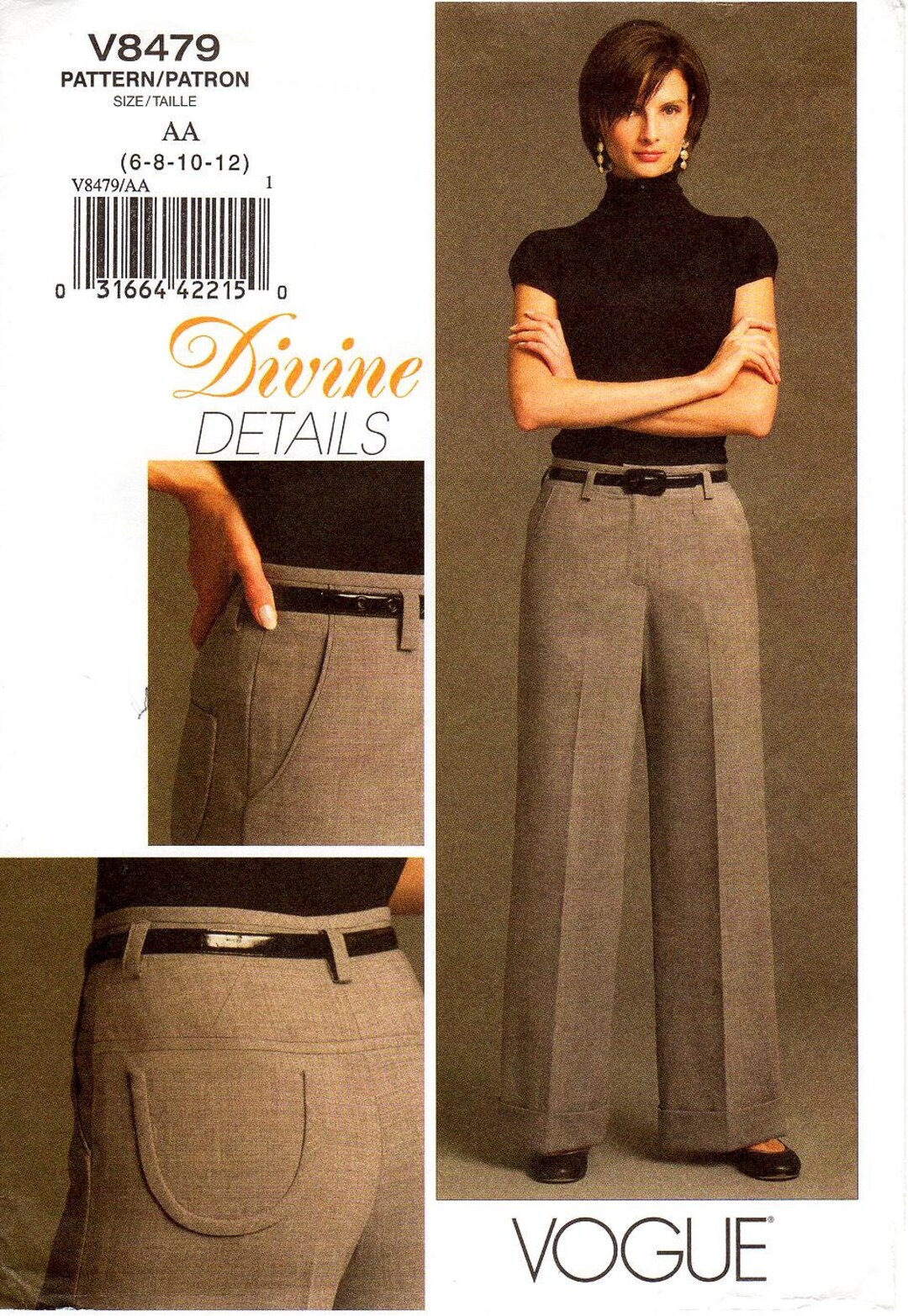 Sz 6/8/10/12 Vogue Pants Pattern V8479 Misses' Unlined, Flared, Cuffed ...