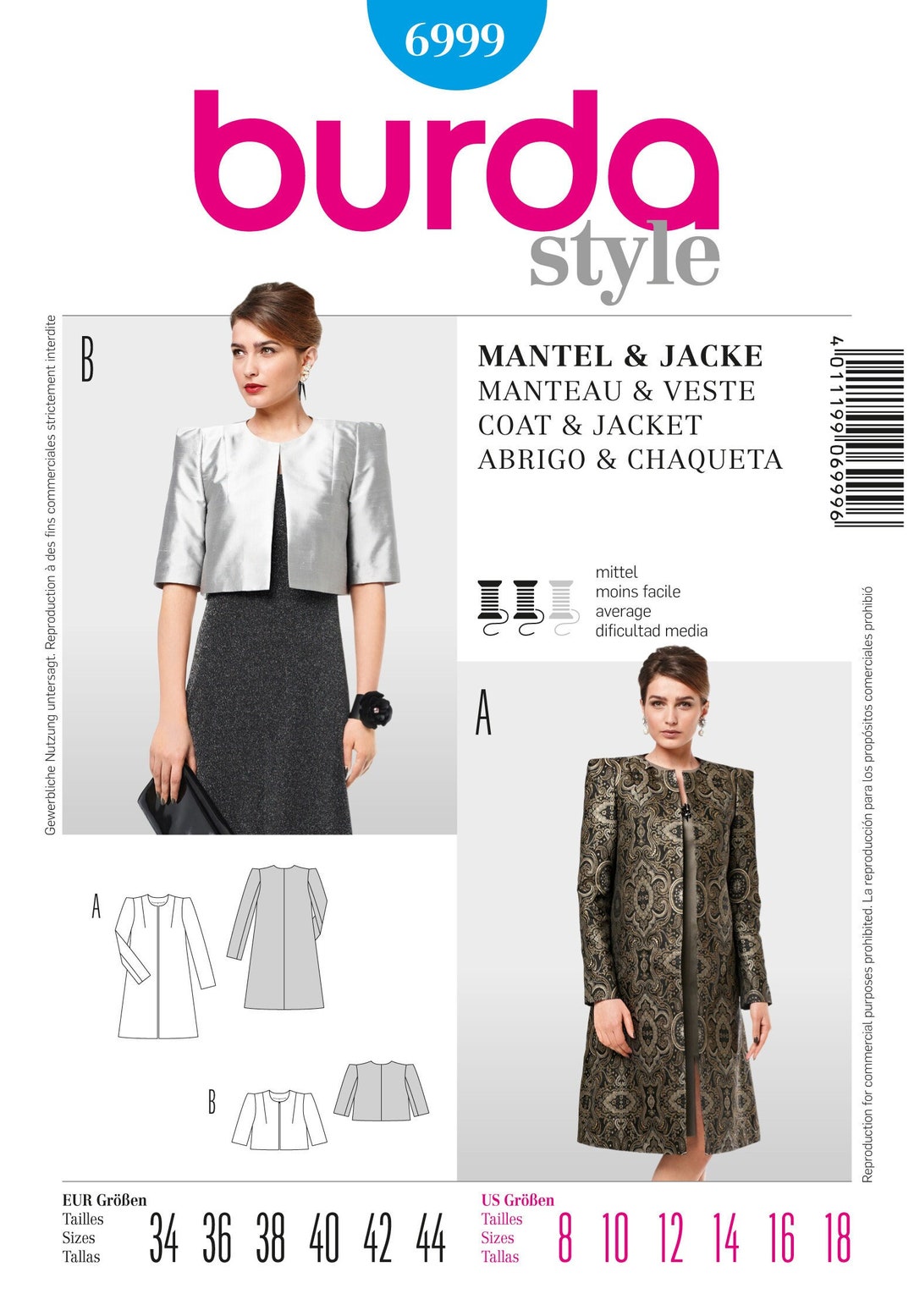 Burda Sewing Pattern 6999 - Misses' Collarless, Open Front, Short ...