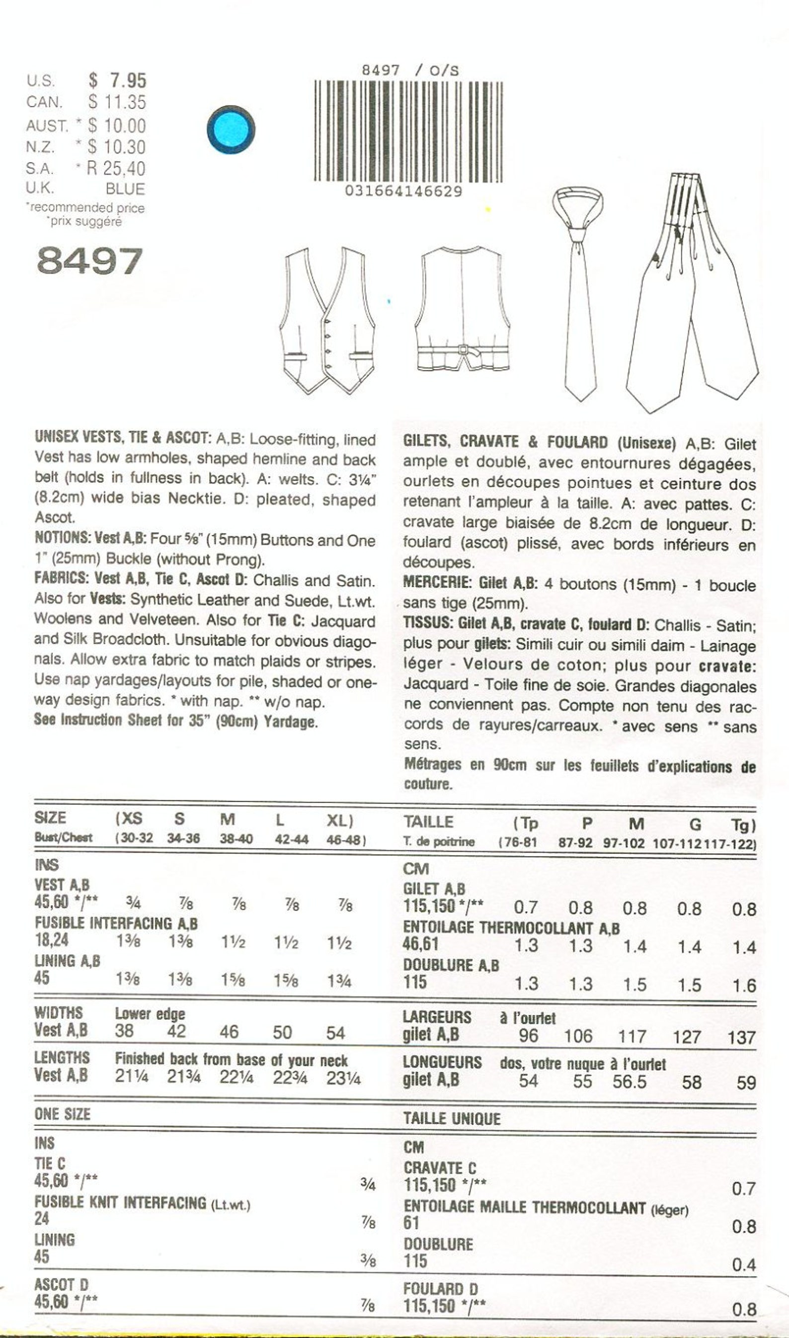 Vogue Vest Pattern 8497 Men's or Misses' Unisex - Etsy
