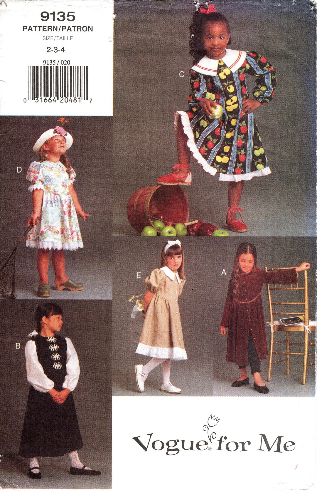 Vogue 9135 Girl's Dress Pattern: Vintage 90s Button Front (size 2/3/4 ...