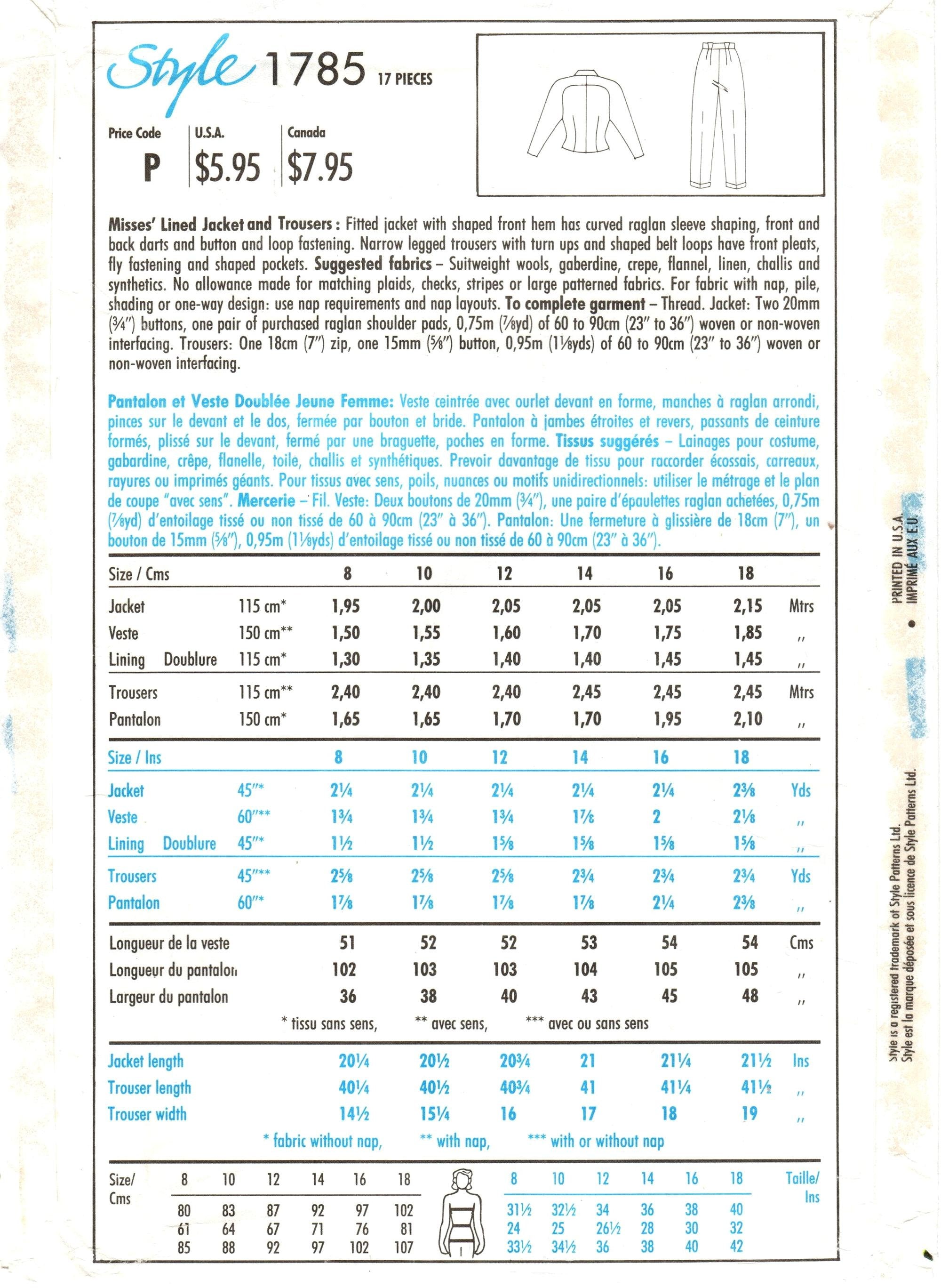 Sz 8 Thru 18 Style Pattern 1785 Misses' Lined Jacket With Weskit Shaped ...