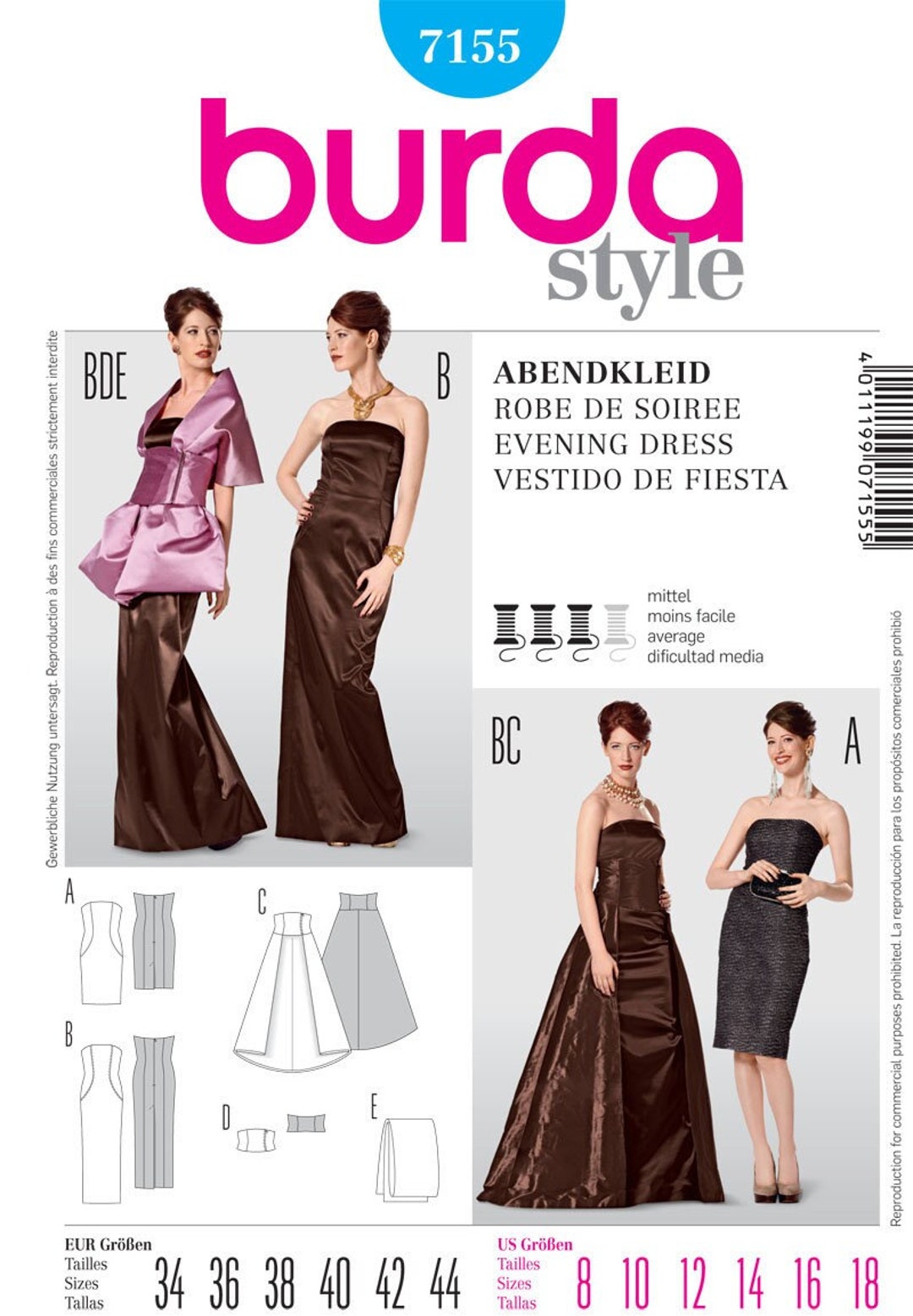 Burda Sewing Pattern 7155 - Misses' Strapless, Princess Seam Evening ...