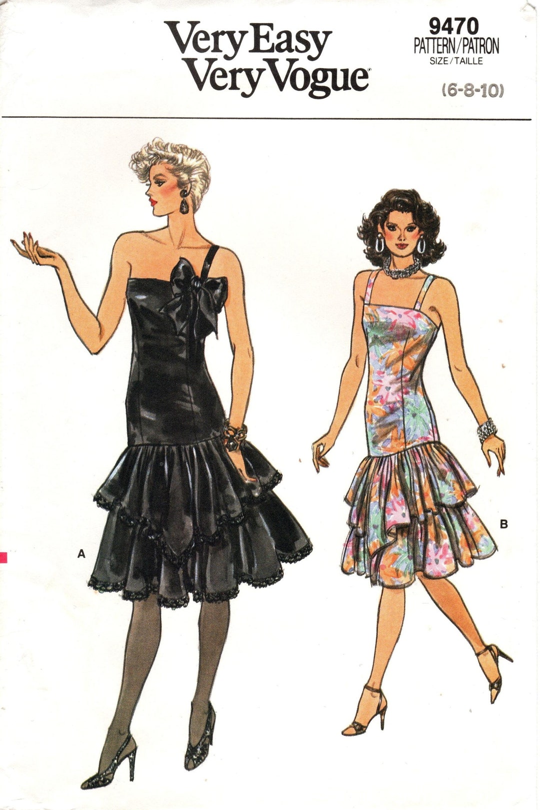 80s Vogue Dress Pattern 9470: Ruffle Hem, Dropped Waist (size 6/8/10 ...