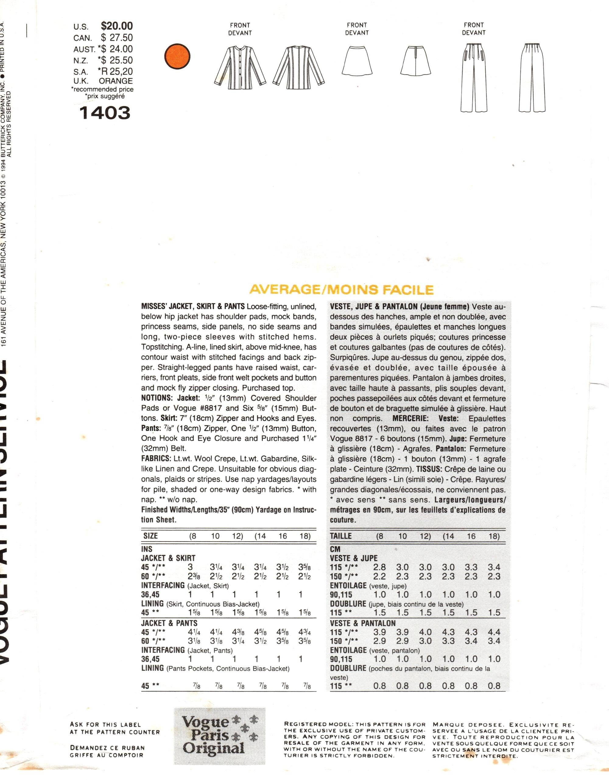 Sz 14/16/18 Vogue Pattern 1403 by CALVIN KLEIN Misses' - Etsy