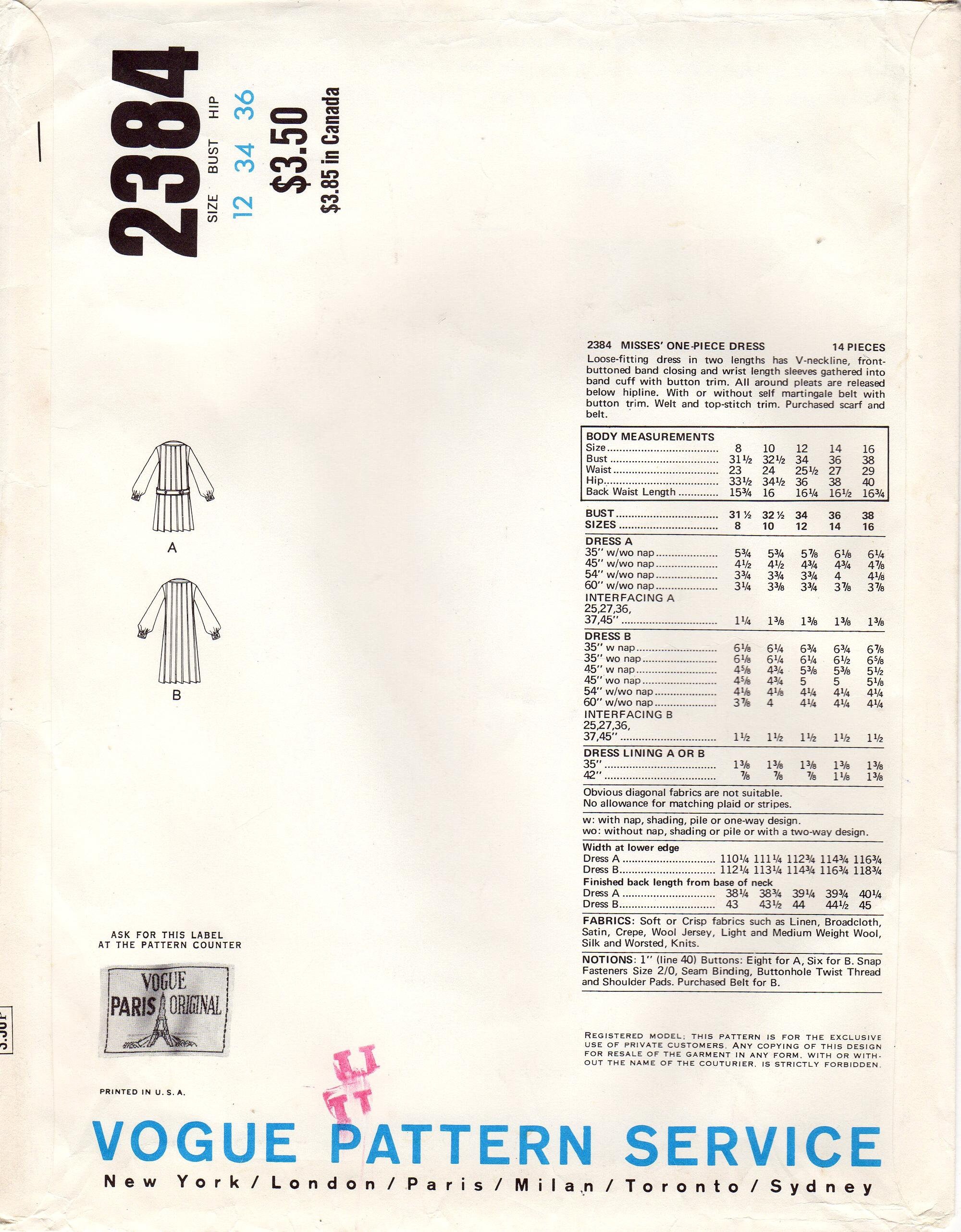 Vogue Sewing Pattern 2384 by JEAN PATOU Loose Fit V-neck Front Buttoned ...