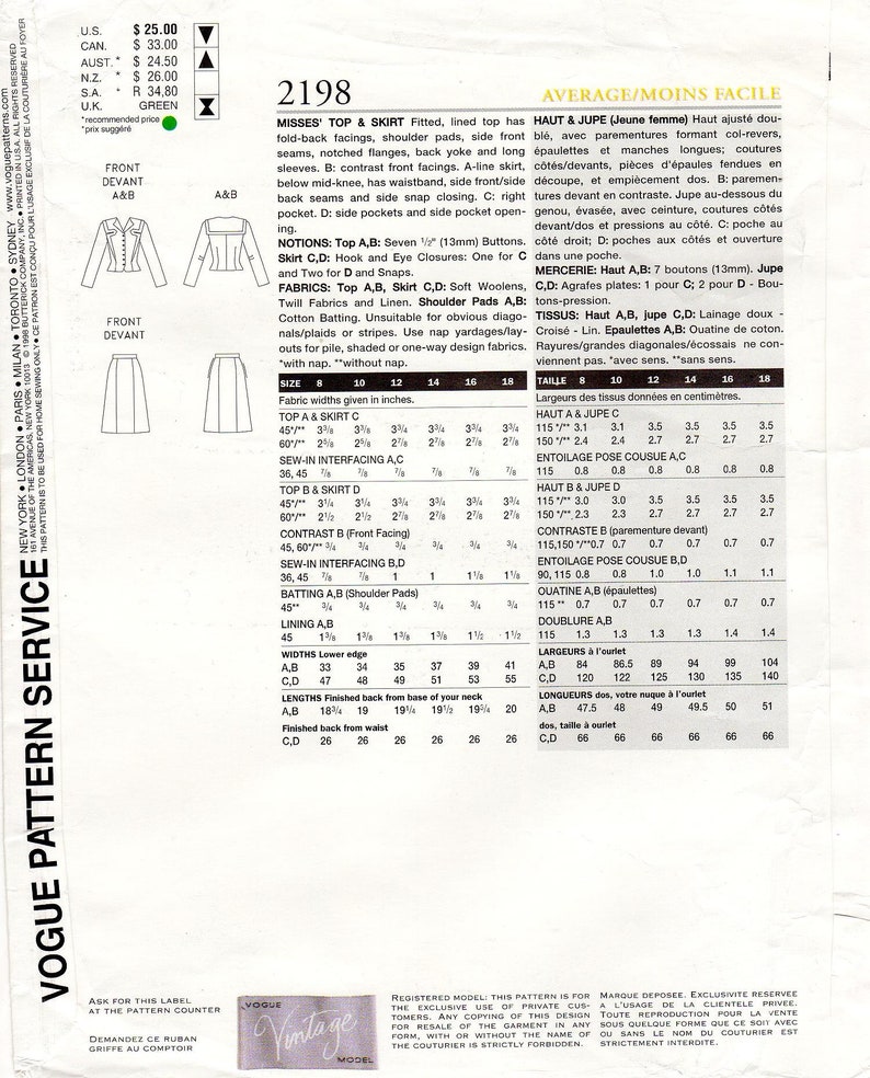Vogue 1944 Two-piece Dress Sewing Pattern 2198 - Fitted Top & A-line ...