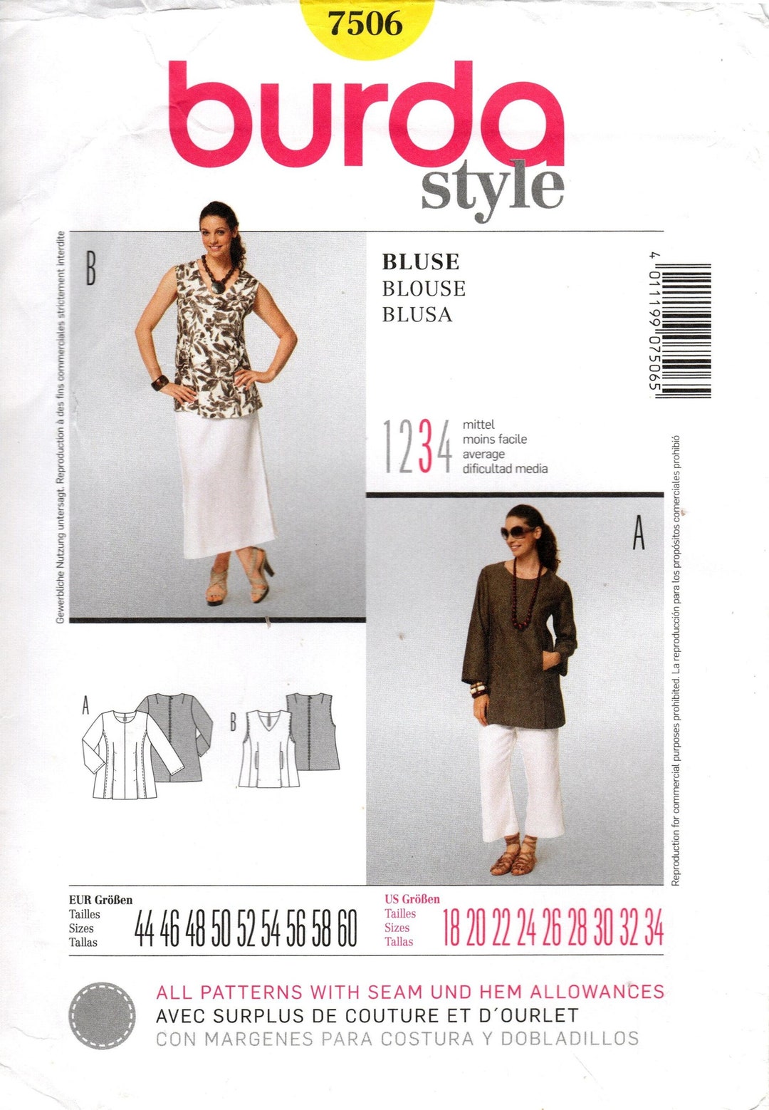 Burda 7506 Sewing Pattern: Misses' Blouse Tunic, Size 18-34 - Etsy