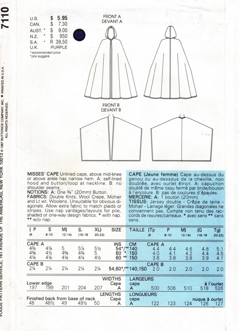 Vogue Sewing Pattern 7110 Misses' Unlined, Mid-knee or Above Ankle Length Capes in Two ...