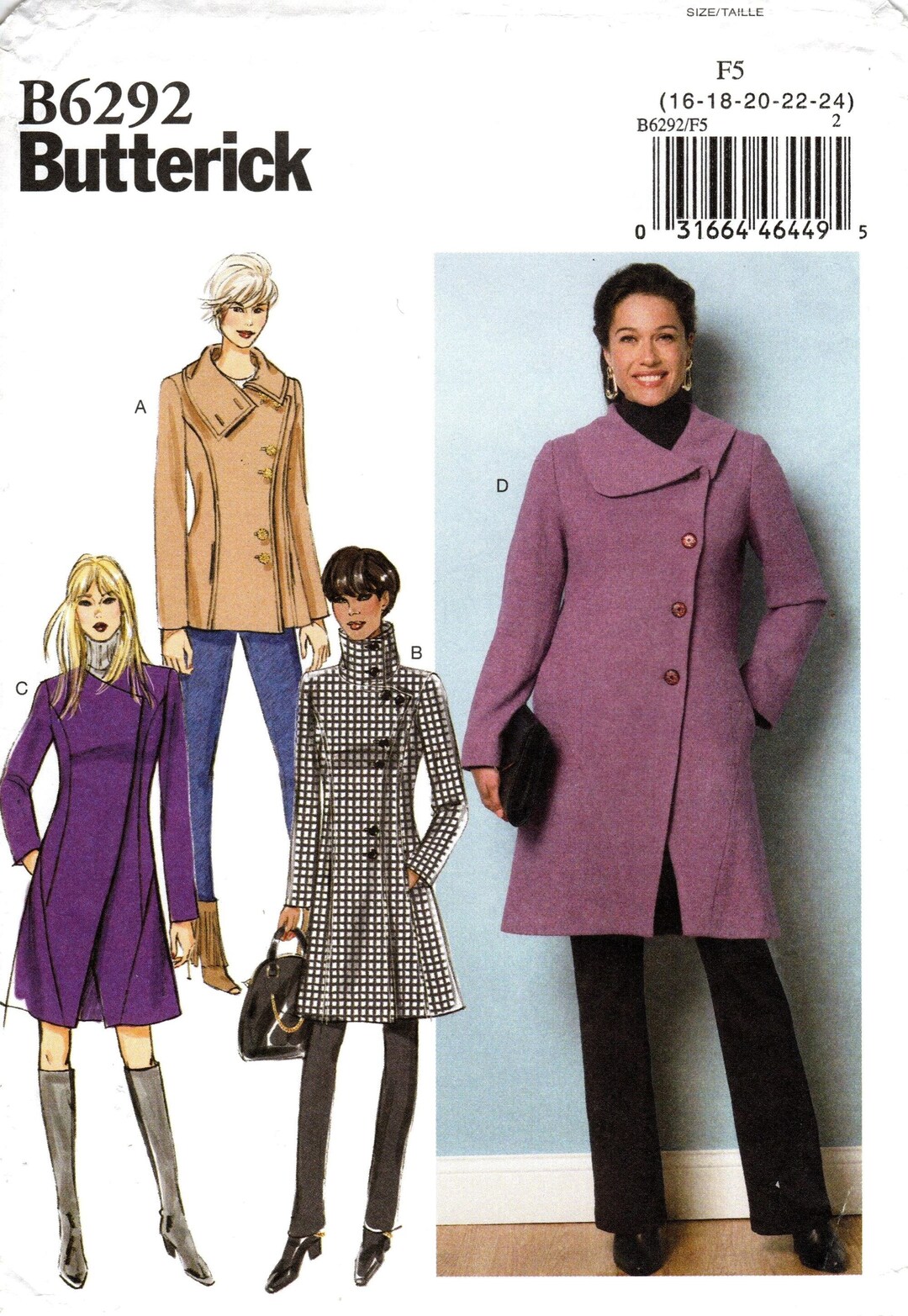 Sz 16/18/20/22/24 - Butterick Coat Pattern B6292 - Misses' Lined ...
