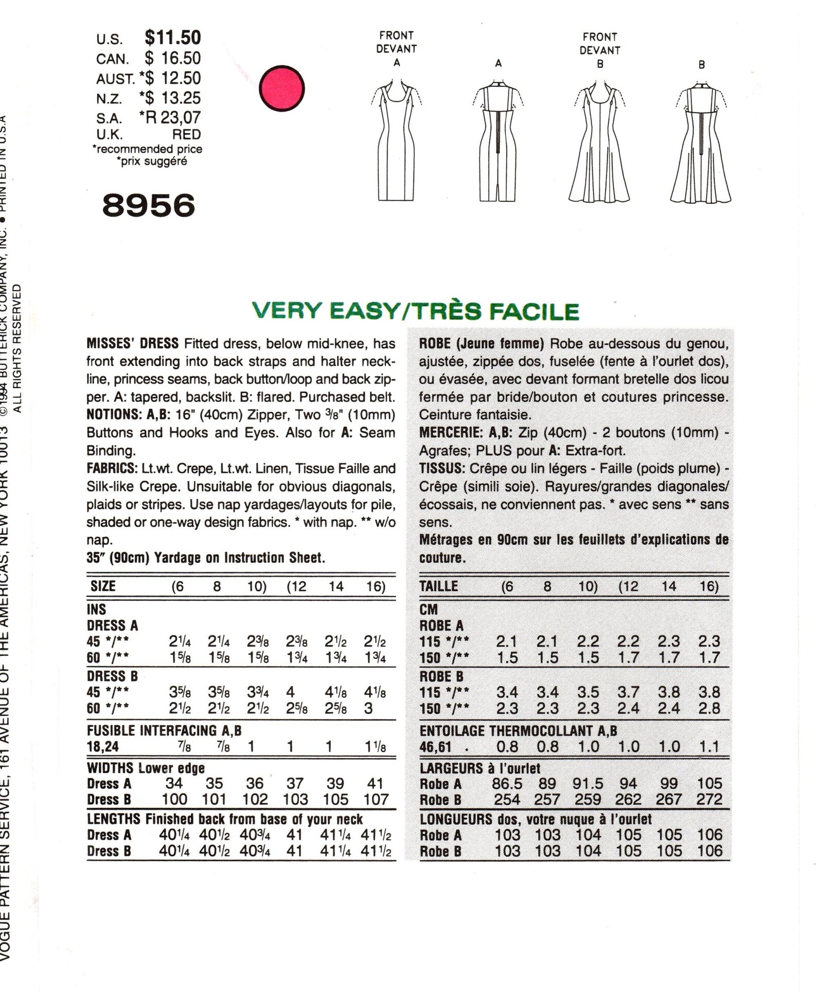 Sz 6/8/10 Vogue Pattern 8956 Misses' Princess Seam - Etsy
