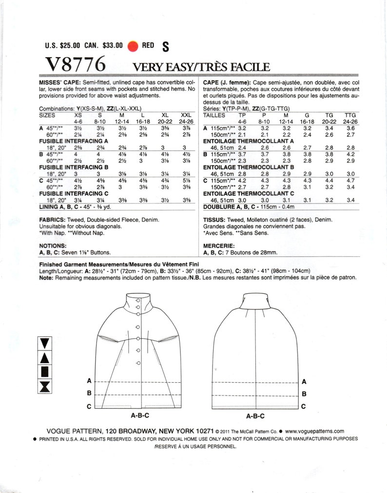 Vogue Cape Pattern V8776: High-neck, Unlined (XS/S/M) - Etsy