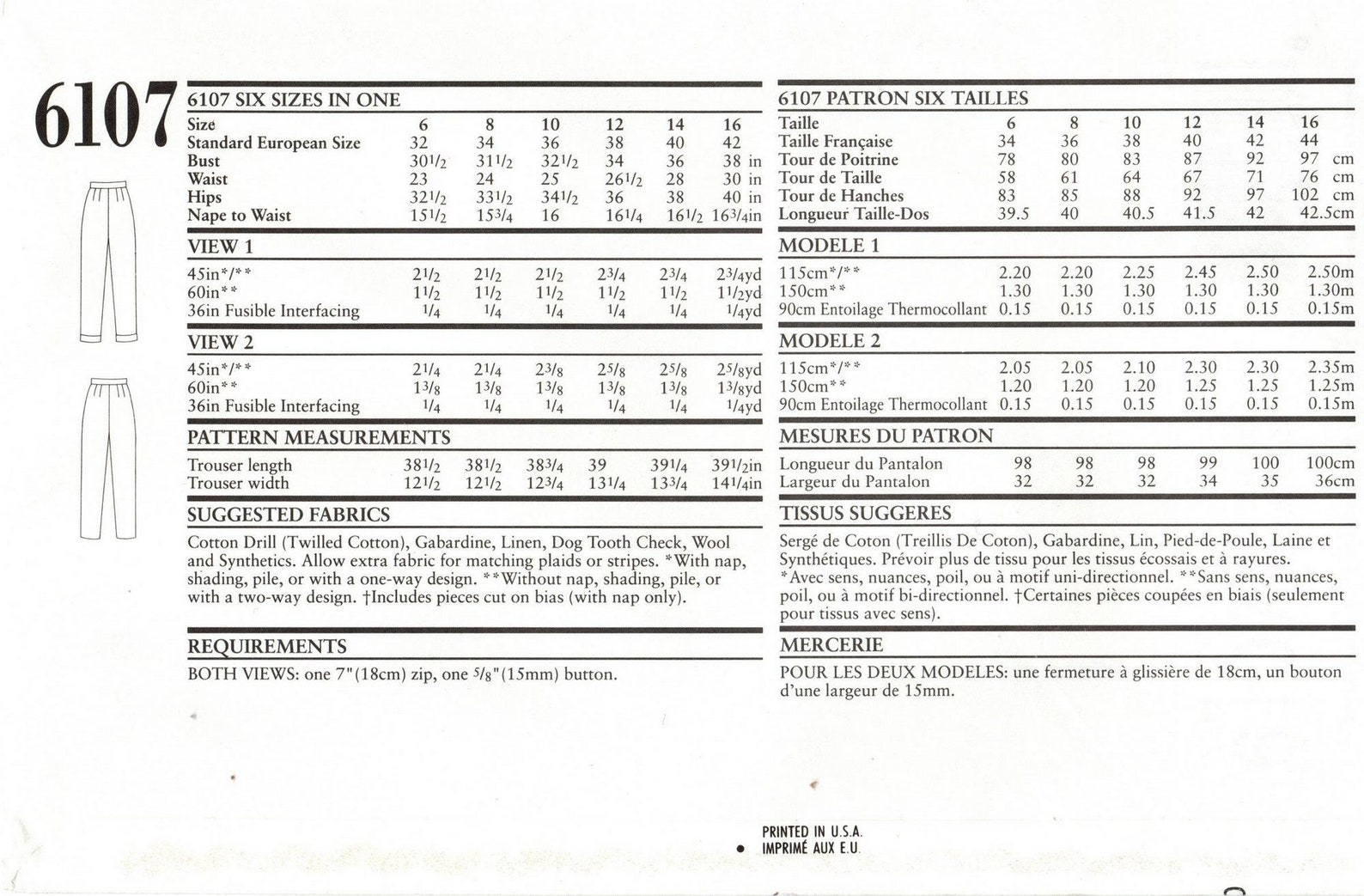 Sz 6 Thru 16 New Look Pattern 6107 Misses' Slim Fitting, Tapered Leg Pants/trousers With Waist ...