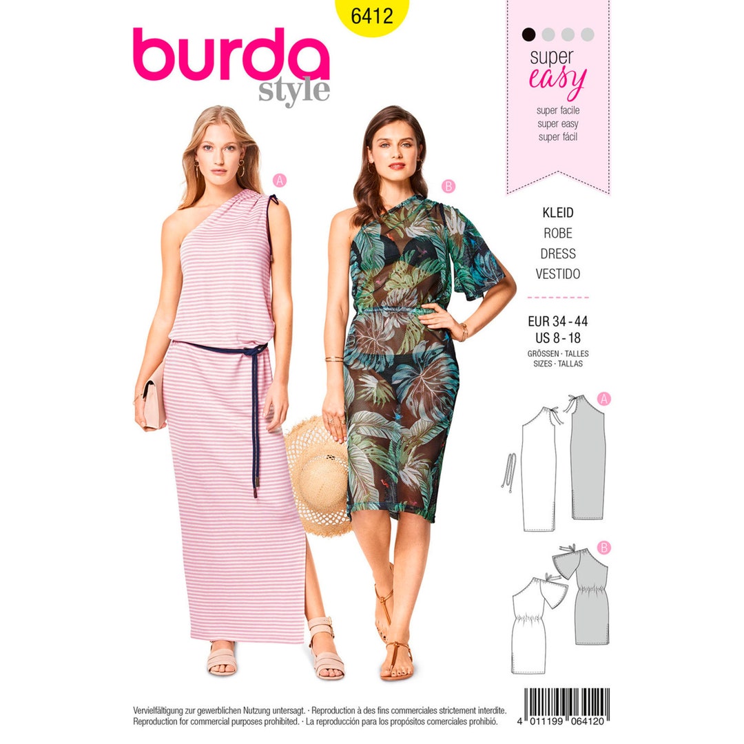 Burda Sewing Pattern 6412 - Misses' One-shoulder Straight Dress and Tie ...