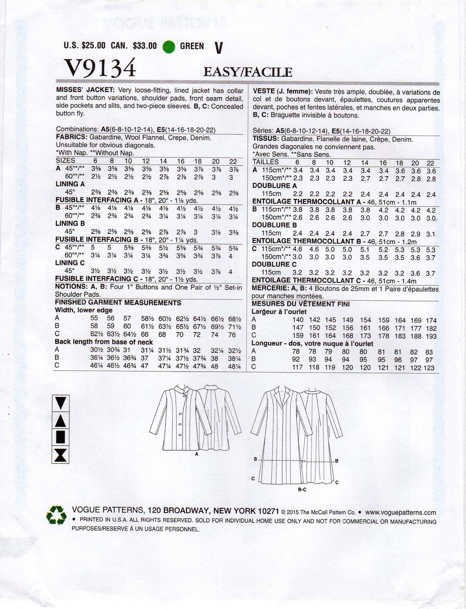Vogue Jacket Pattern V9134: Misses' Loose-fitting Seam-detail (sizes 6 ...