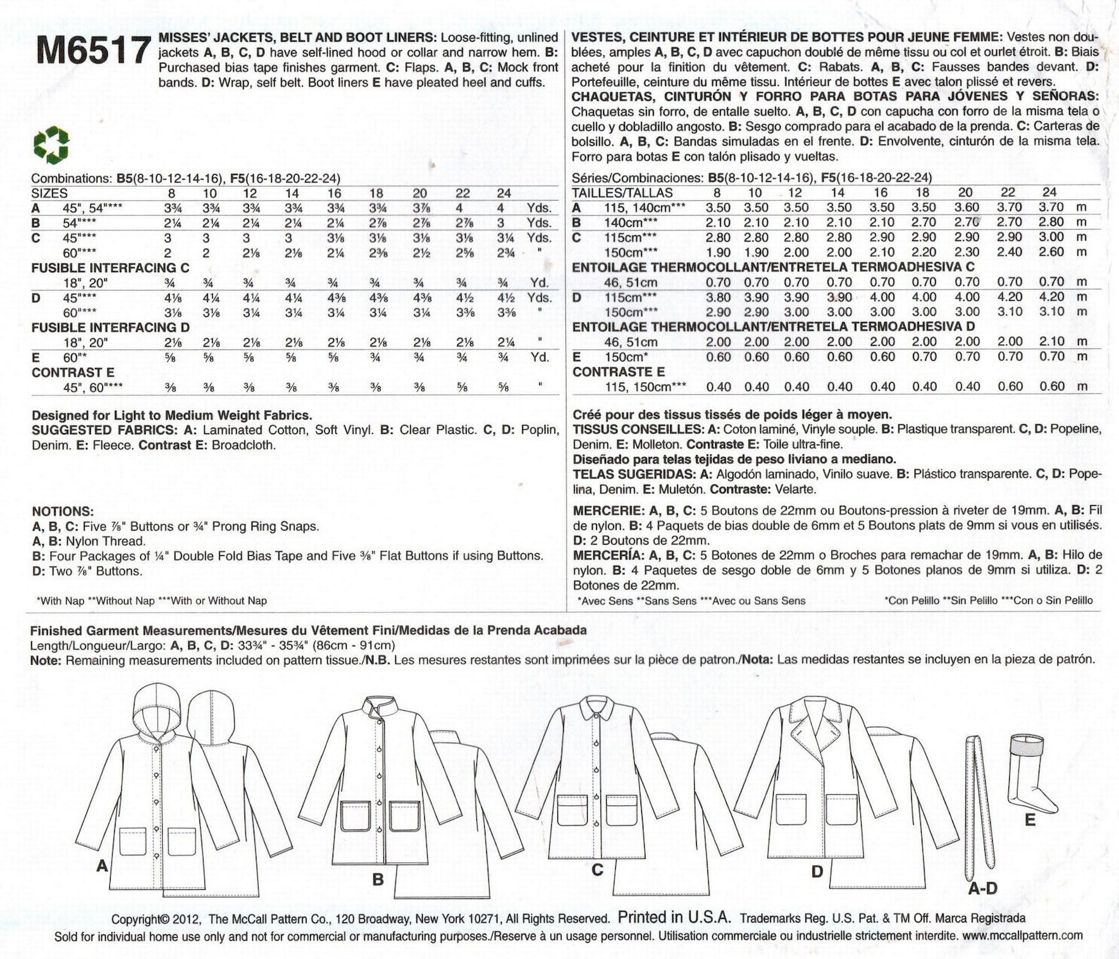 Mccall's Rain Jacket Sewing Pattern M6517 - Size 16-24 - Etsy