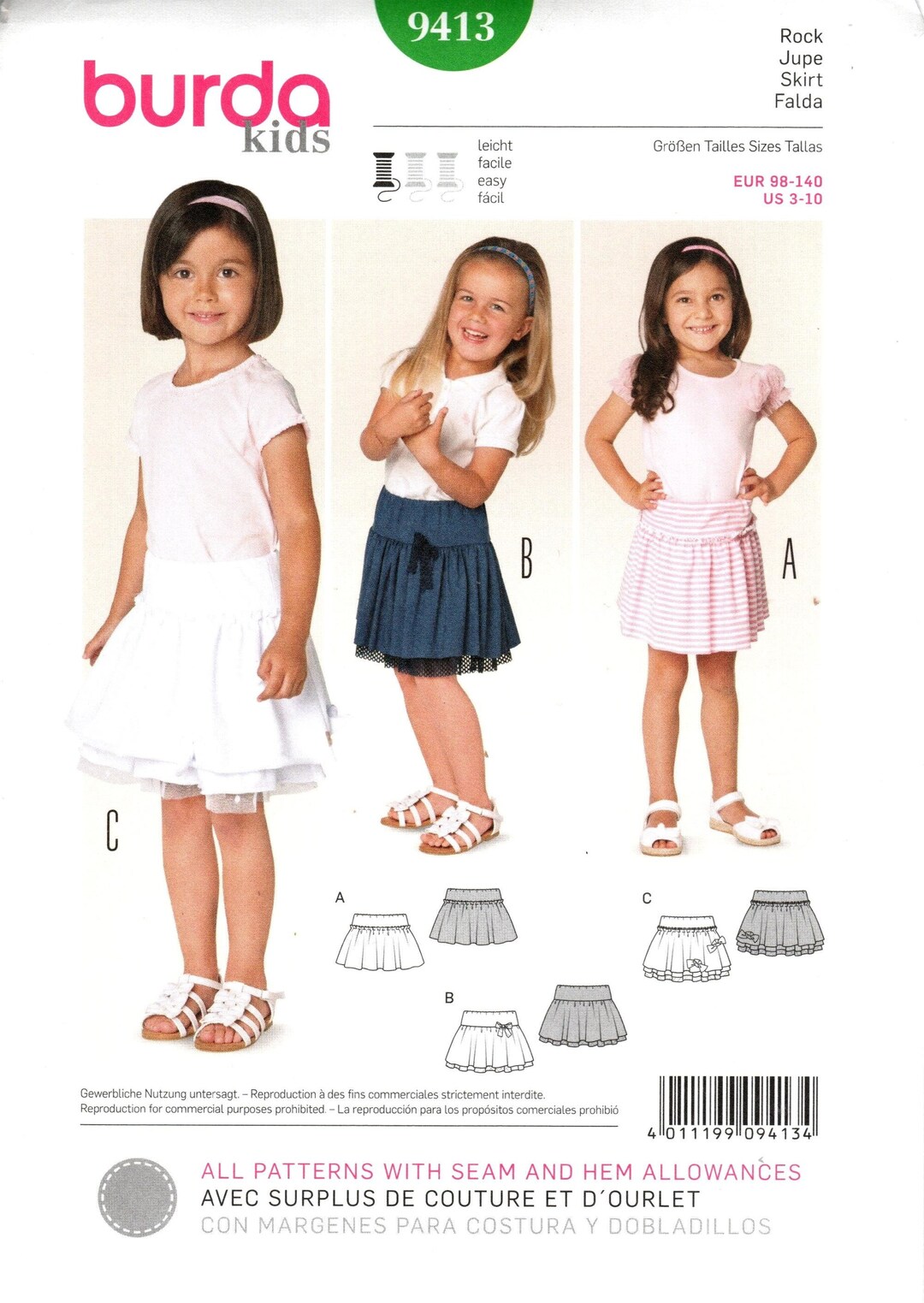 Burda 9413 Girls' Skirt Sewing Pattern: Tiered & Yoked Waist, Size 3-10 ...