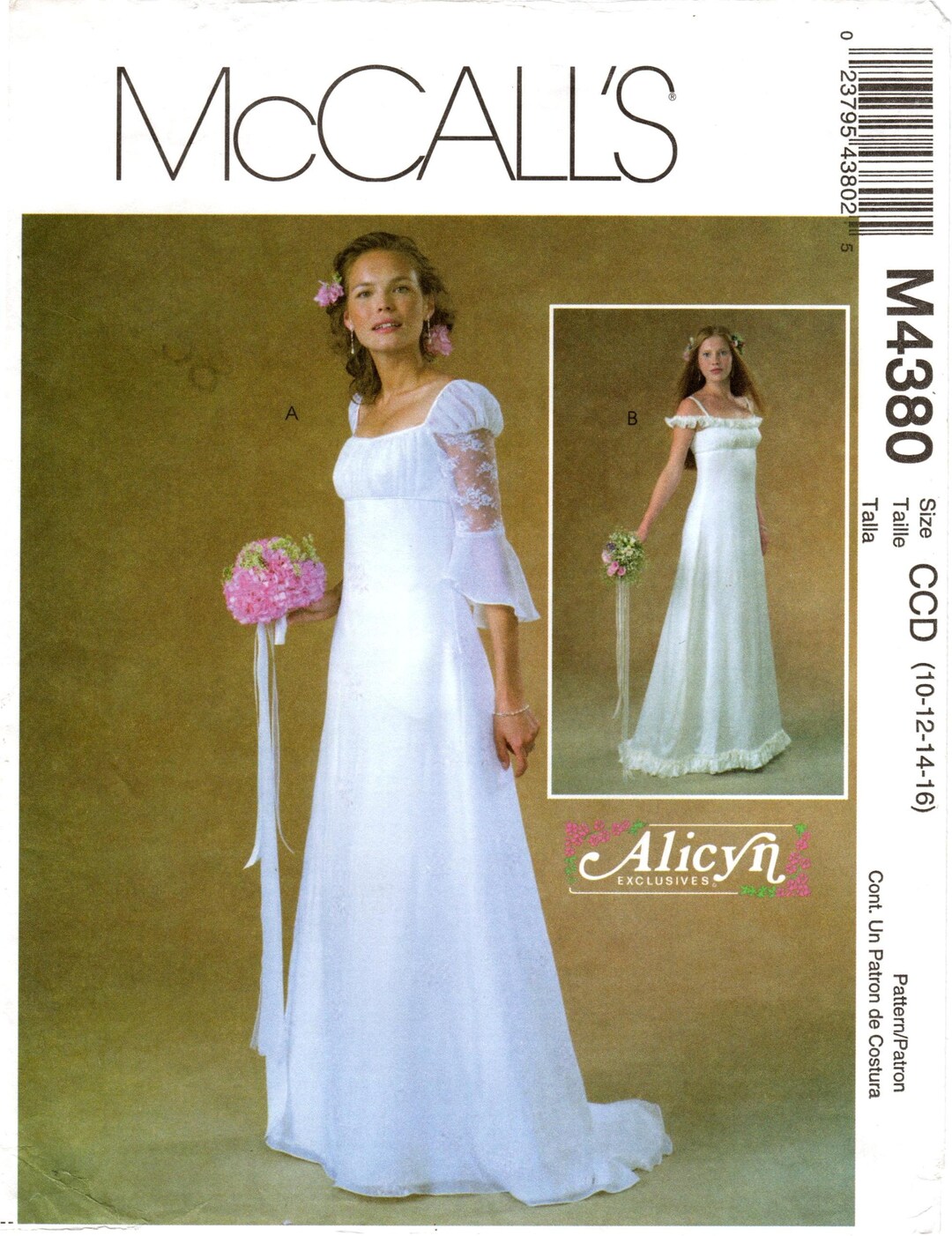 Mccall's Bridal Gown Sewing Pattern M4380 - Empire Style (size 10/12/14 ...