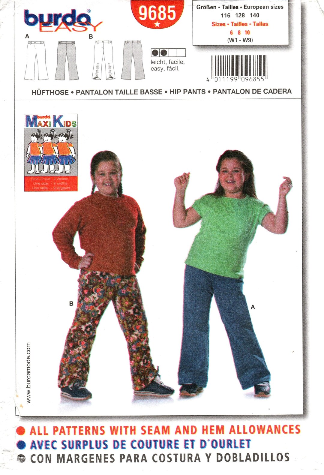Burda Sewing Pattern 9685 - Girls' Hip Hugger Pants With Fly Closure ...