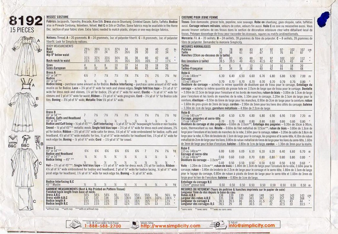 Pick Your Size Simplicity Costume Pattern 8192 Misses' - Etsy