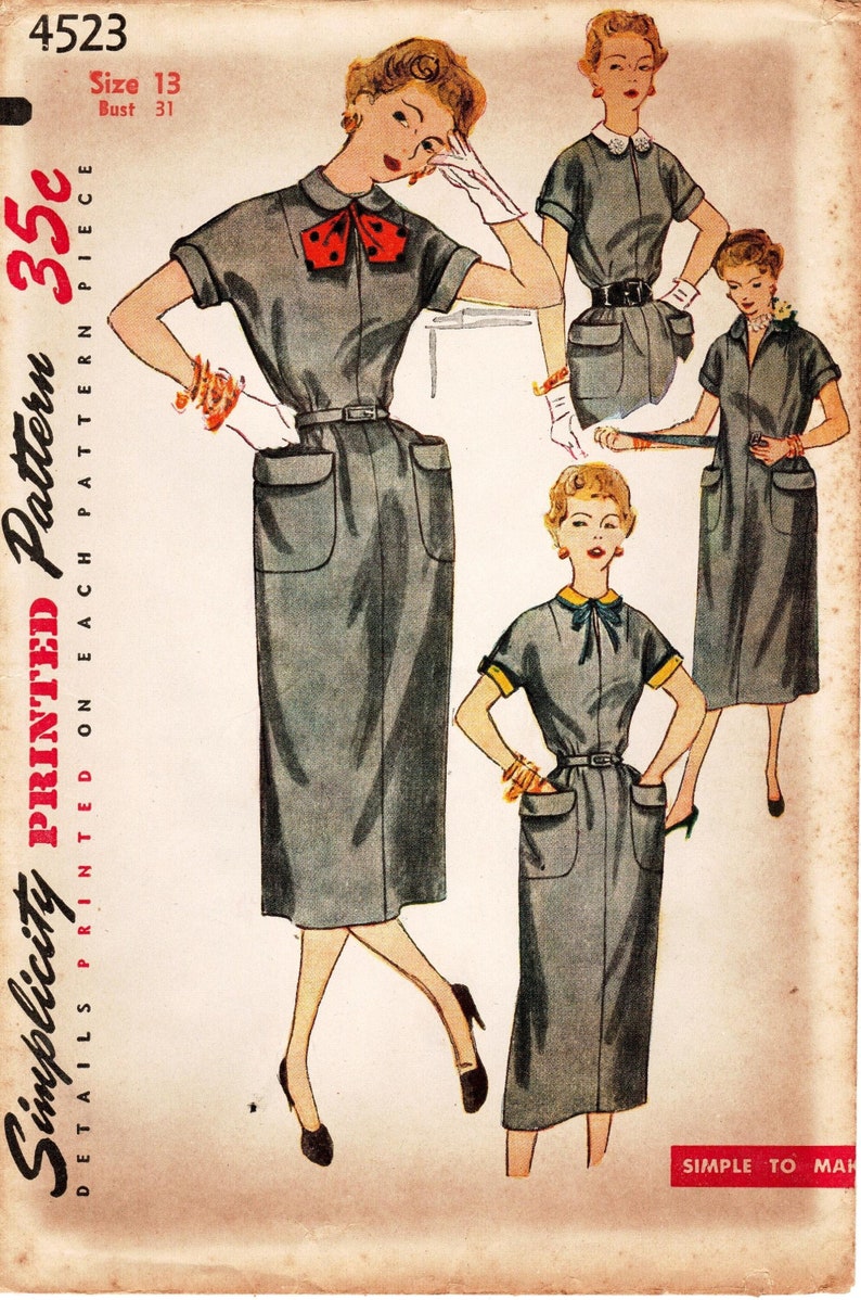 SZ 13/bust 31 Vtg 50s Dress Simplicity 4523 Misses' One-piece Straight ...