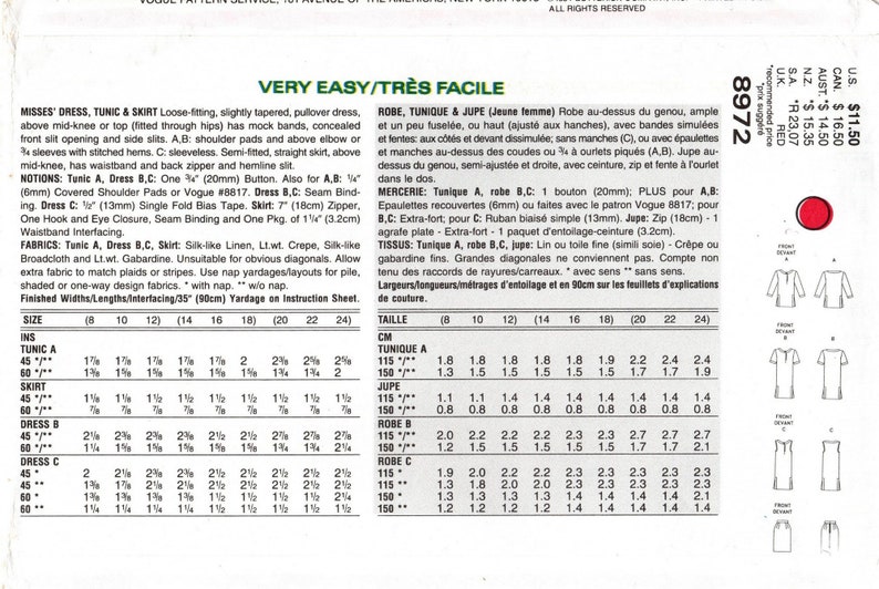 Sz 8/10/12 Vogue Dress Pattern 8972 Misses' Loose - Etsy