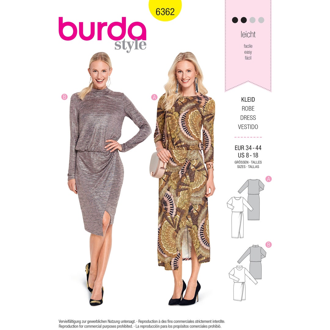 Burda 6362 Jersey Dress Sewing Pattern: Jewel Neck, Long Sleeve - Size ...