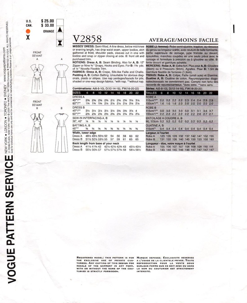 Sz 6/8/10 Vogue Dress Pattern V2858 Misses' Sweetheart - Etsy