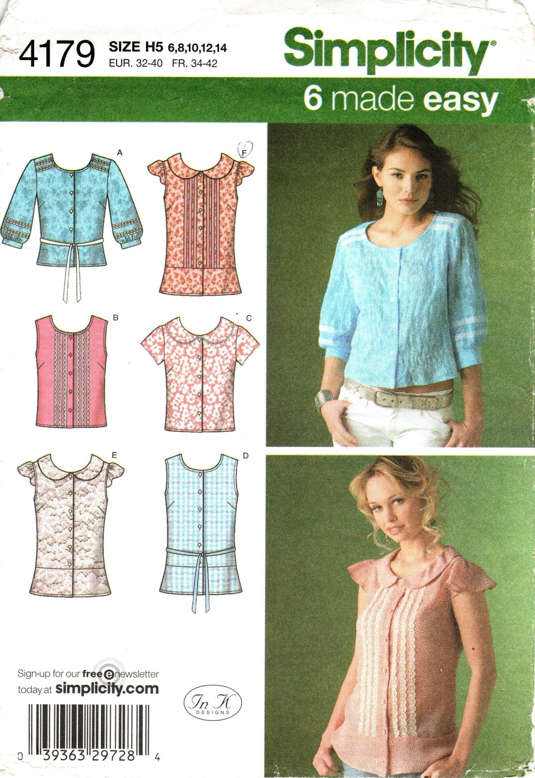 Sz 6/8/10/12/14 Simplicity Blouse Pattern 4179 Misses' Button Front, Scoop Neckline Blouse in ...