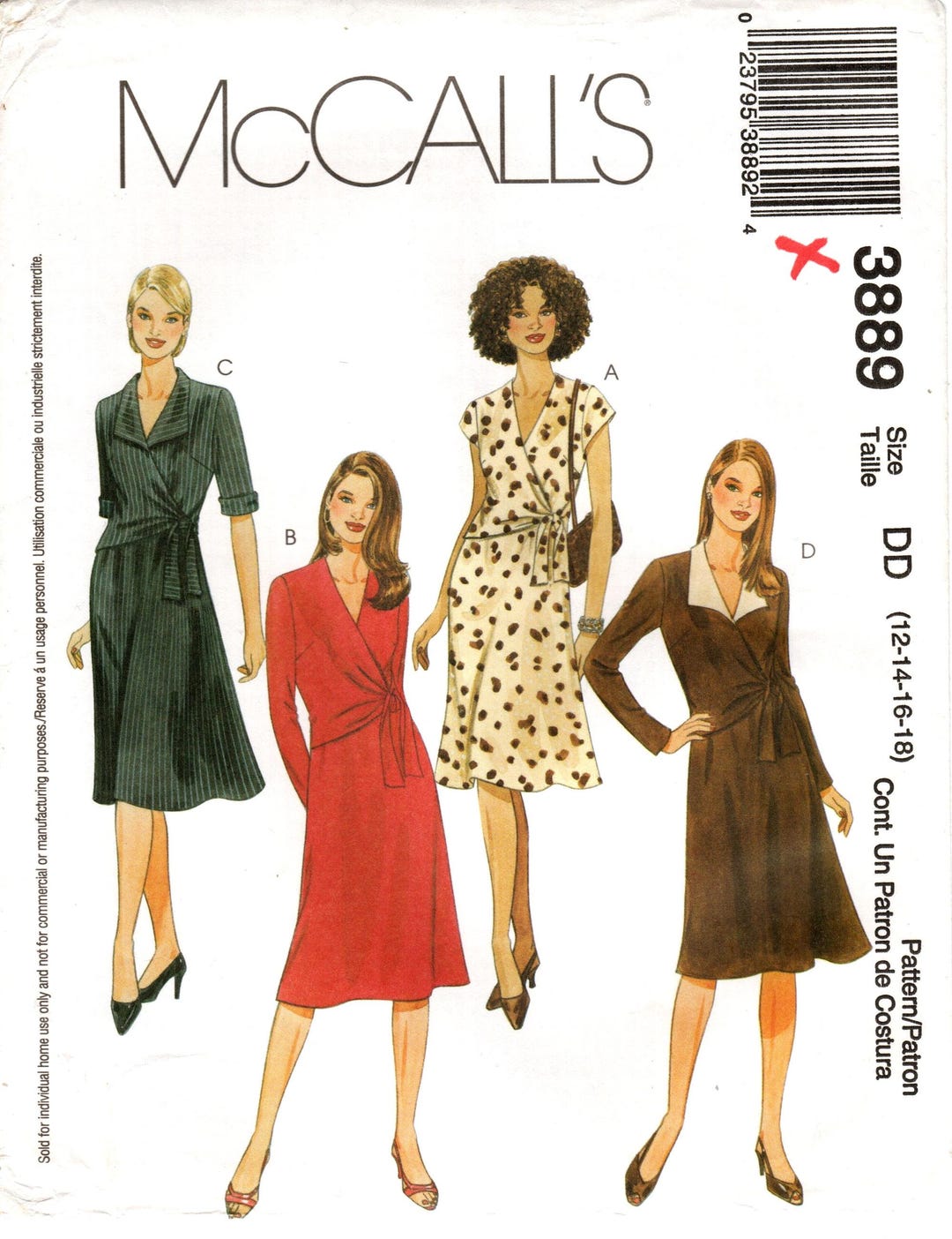 Mccall's 3889 Sewing Pattern: Misses' Flared Mock Wrap Dress (sizes 12 ...