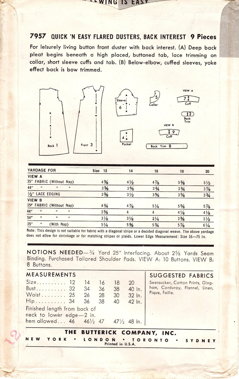 Vintage 1950s Duster Sewing Pattern: Butterick 7957, Bust 34